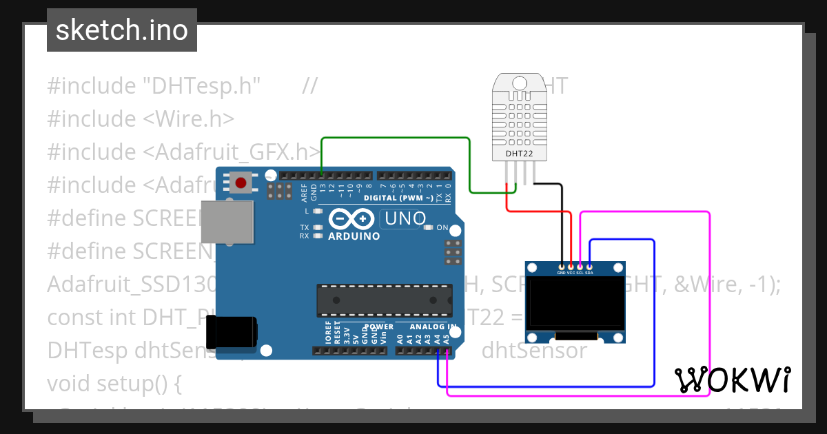 Arduino อ่านค่าเซนเซอร์DHT22 ผ่านจอOLED0.96 - Wokwi ESP32, STM32, Arduino Simulator