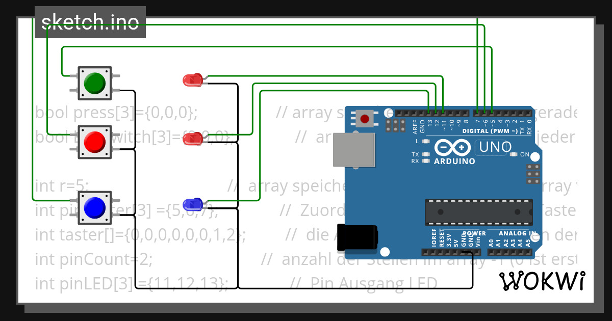 3 Taster + LED - Wokwi ESP32, STM32, Arduino Simulator
