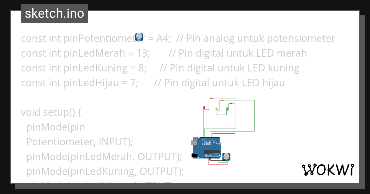 Menyalakan 3 lampu dengan tpotensiometer - Wokwi ESP32, STM32, Arduino Simulator
