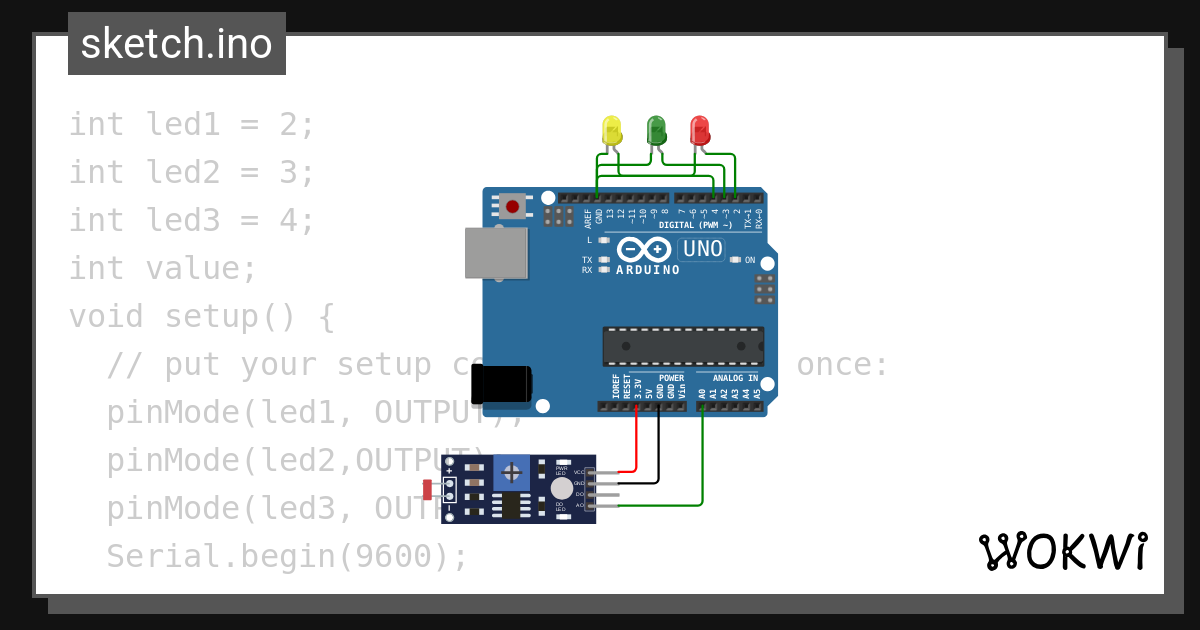 光敏电阻控制三个灯亮 Wokwi Esp32 Stm32 Arduino Simulator 3561