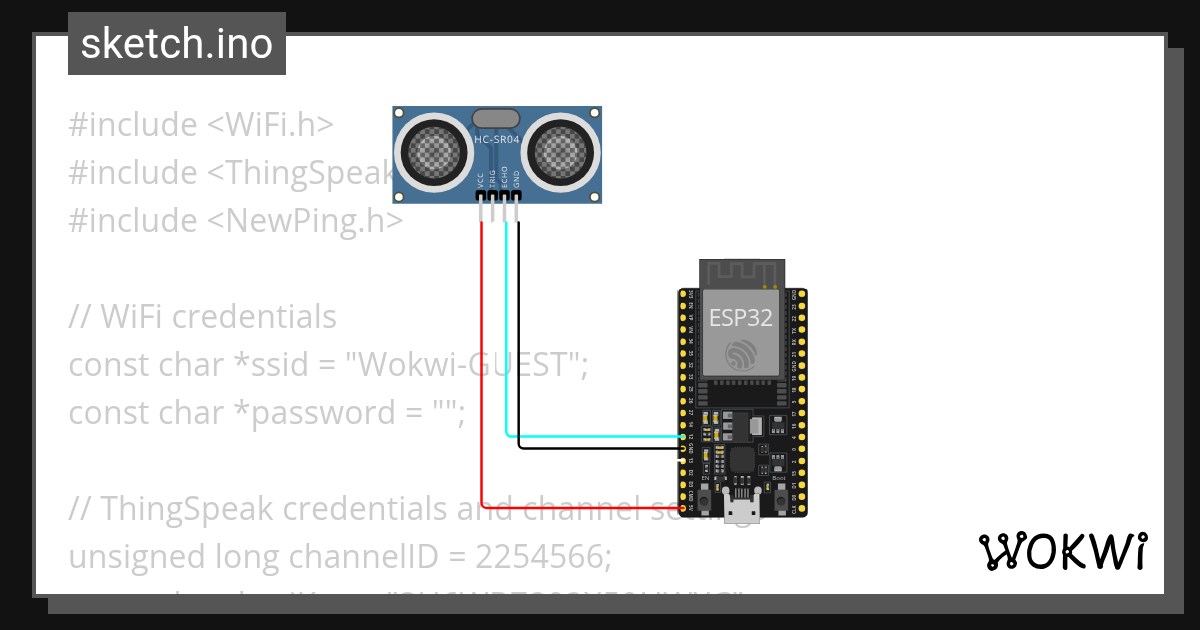 Ultrasonic with thingspeak - Wokwi ESP32, STM32, Arduino Simulator