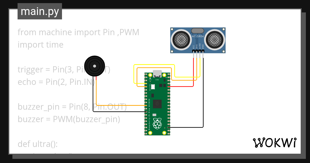 Buzzer Pico Ultrasonik Sensor Copy - Wokwi ESP32, STM32, Arduino Simulator