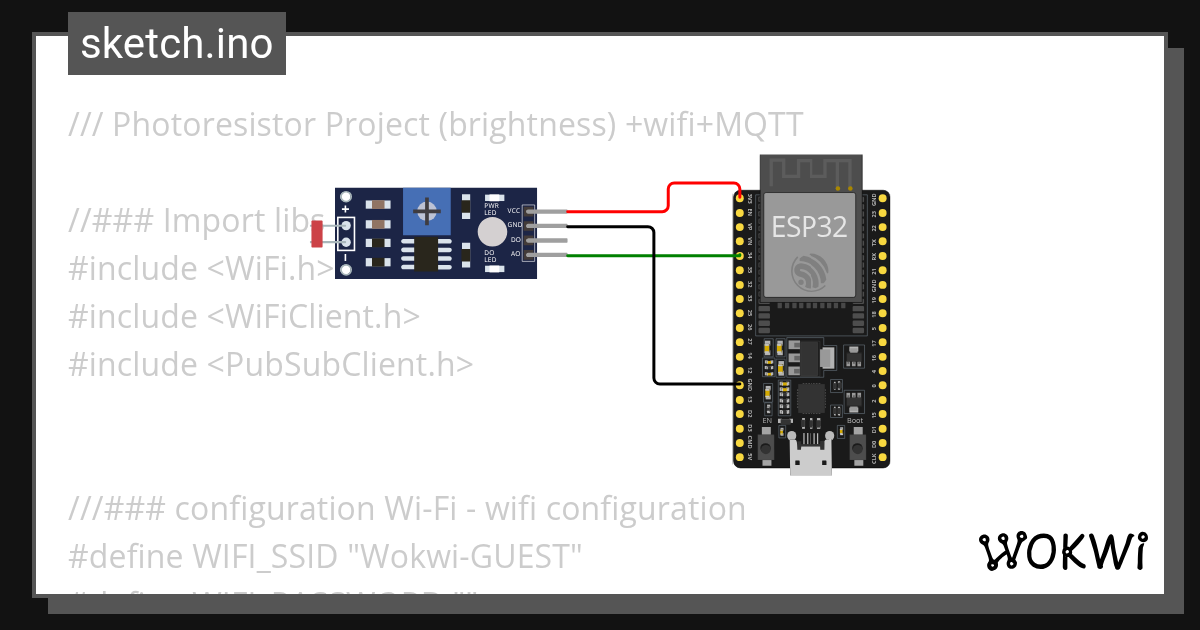 Photoresistor Project (brightness) +wifi+MQTT - Wokwi ESP32, STM32, Arduino Simulator