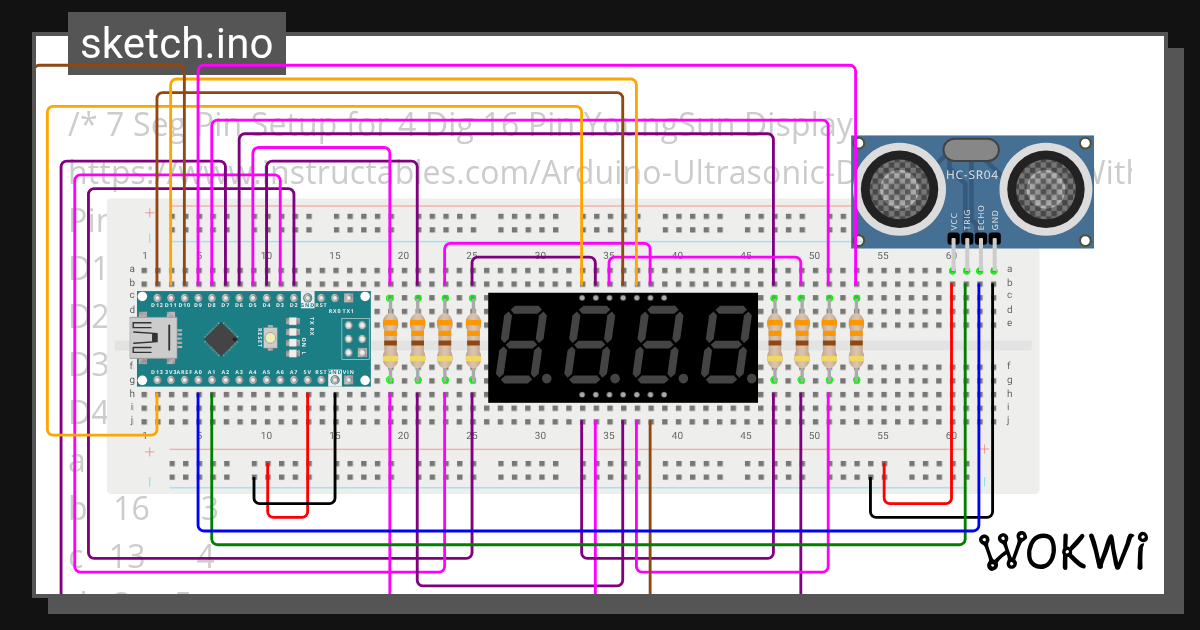 g8_digitalRuler-ultrasonic-7segment4D - Wokwi ESP32, STM32, Arduino Simulator