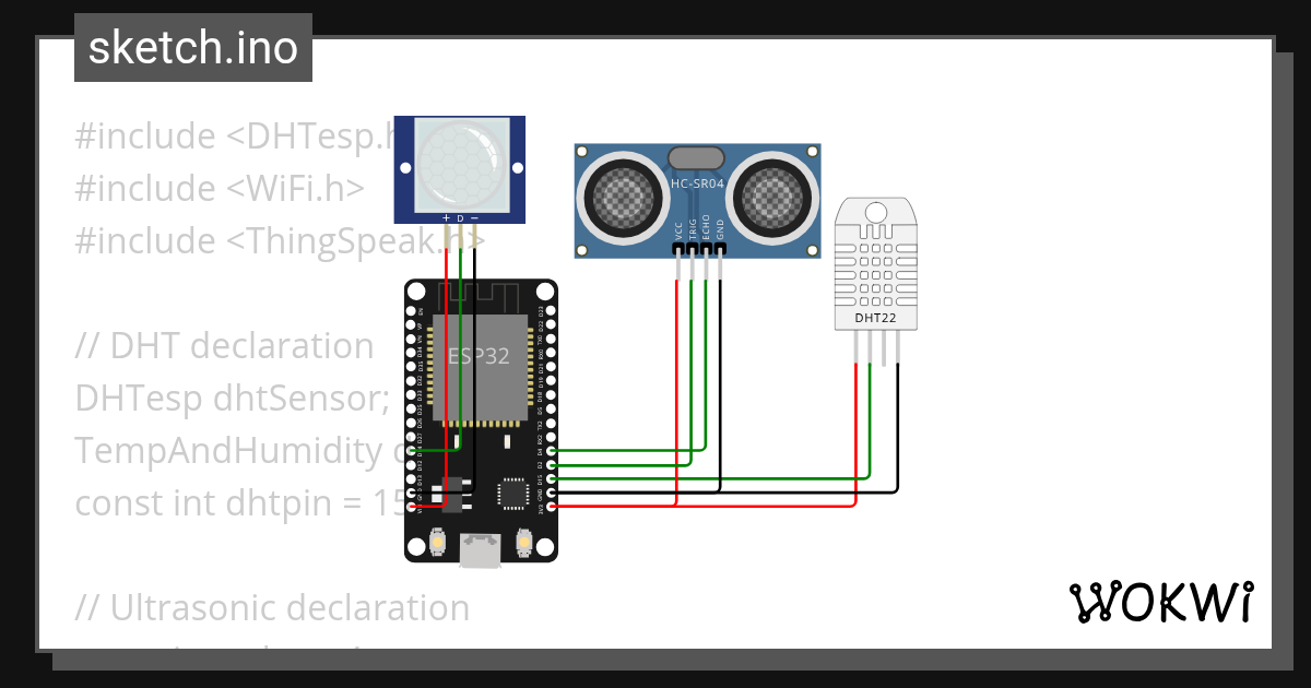 DHT & Ultrasonic & PIR Sensor Project Copy - Wokwi ESP32, STM32, Arduino Simulator