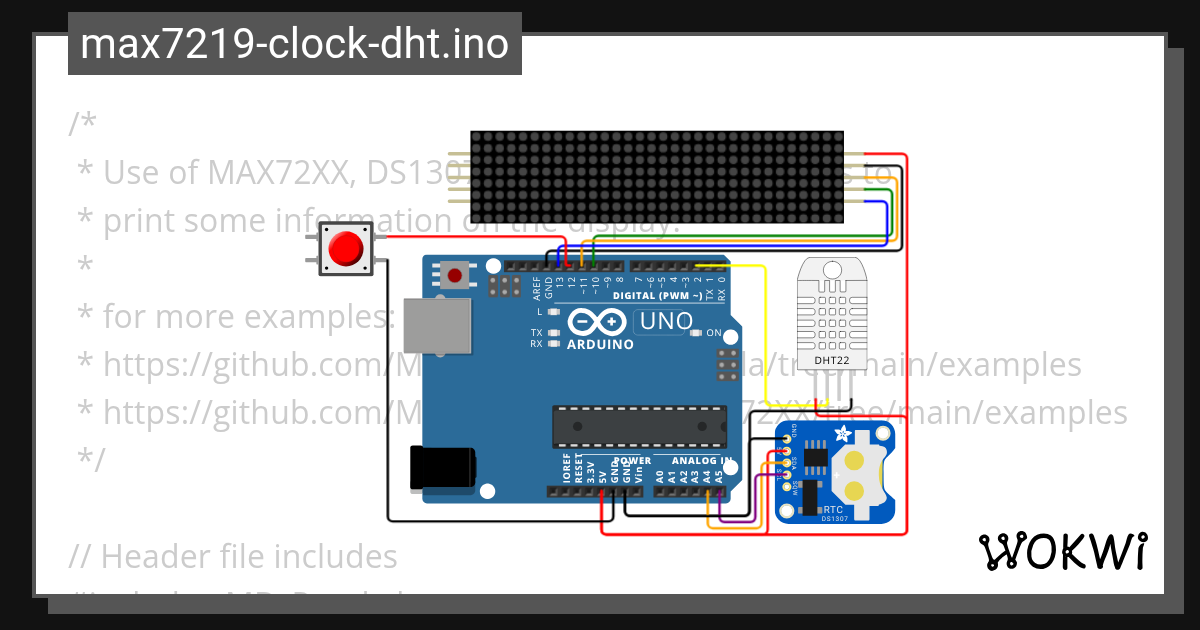 max7219-clock-dht.ino + button - Wokwi ESP32, STM32, Arduino Simulator