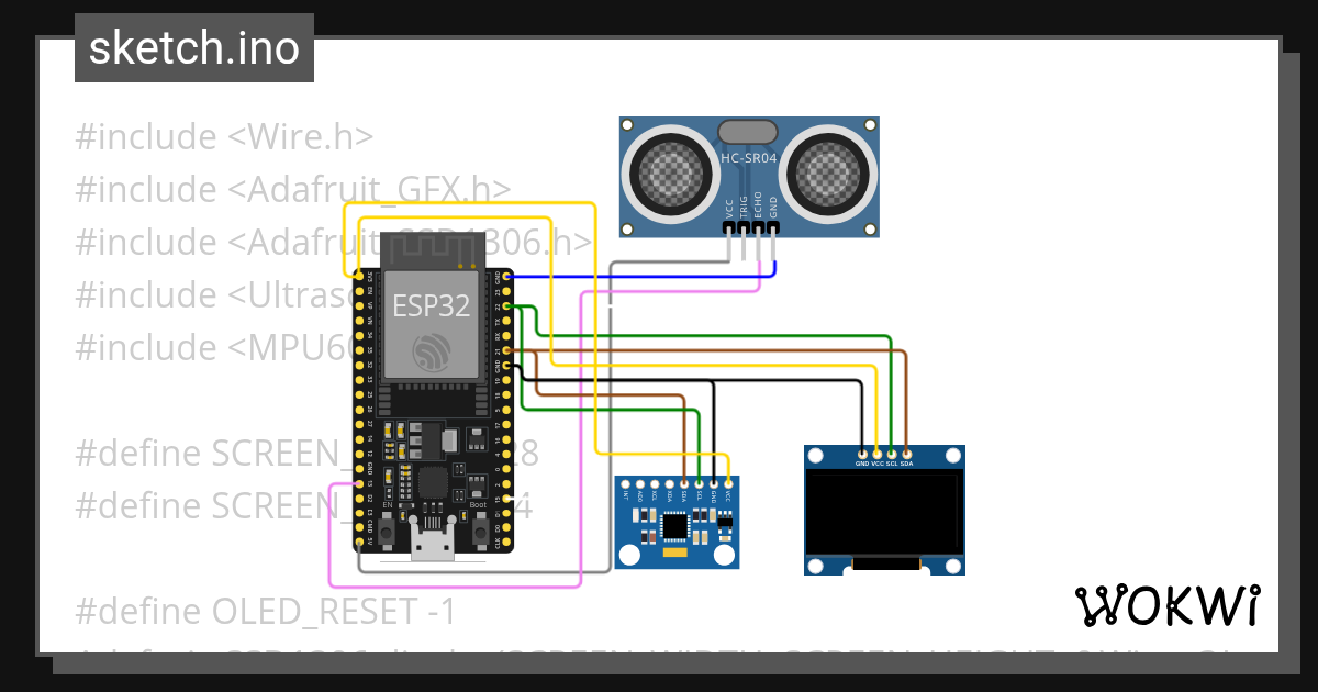 menampilkan sensor ultrasonik dan IMU pada OLED - Wokwi ESP32, STM32, Arduino Simulator
