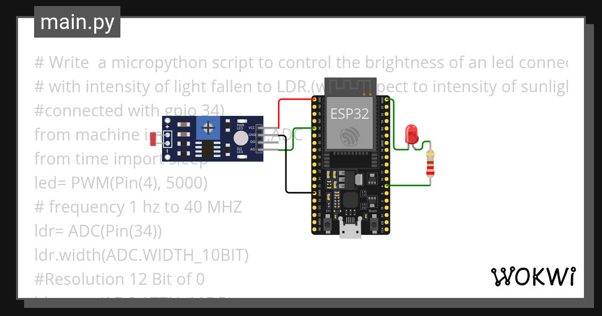 Led Brightness Controlling With Ldr Wokwi Esp32 Stm32 Arduino Simulator