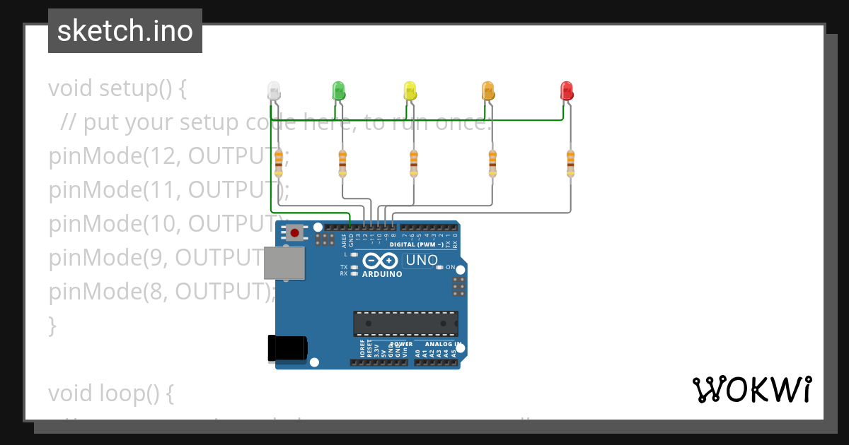 ex 3: 5 leds + 3 tutstuts + acende e apaga uns - Wokwi ESP32, STM32, Arduino Simulator