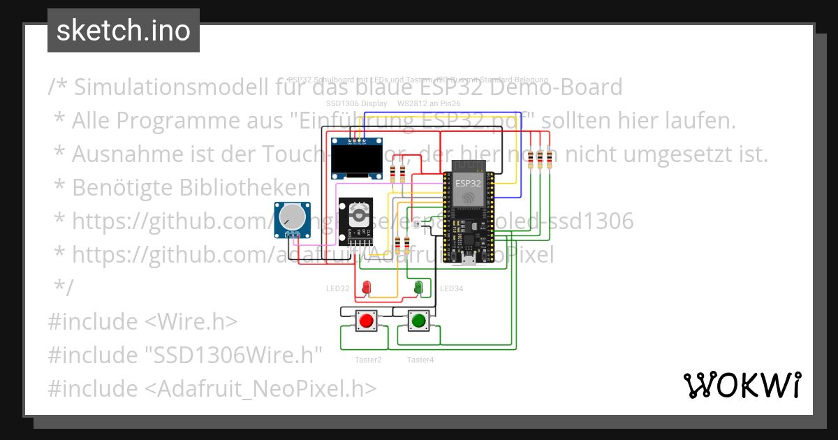 ESP32 Basisboard mit LEDs, Tastern und SSD1306 OLED Copy - Wokwi ESP32, STM32, Arduino Simulator