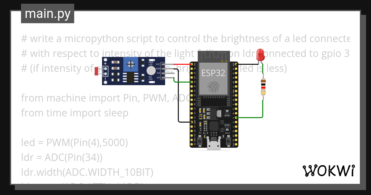 led brightness control by LDR - Wokwi ESP32, STM32, Arduino Simulator