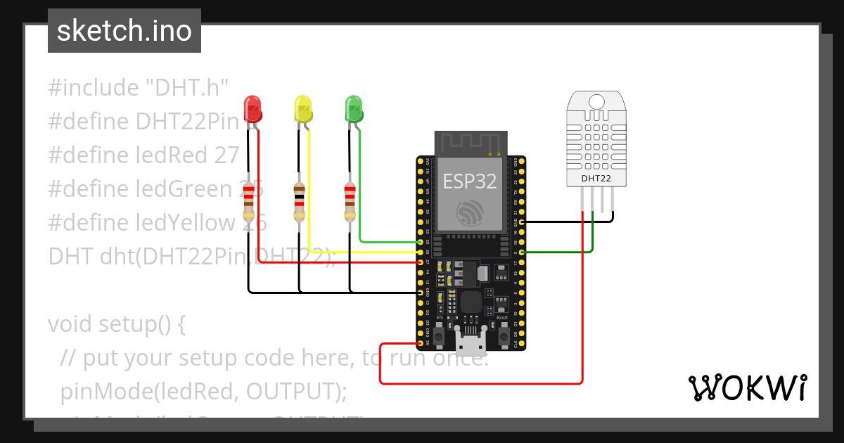 3led DHT22 - tugas 8 - Wokwi ESP32, STM32, Arduino Simulator