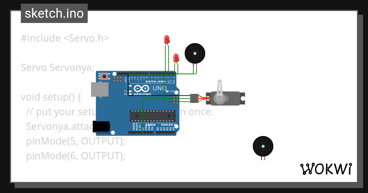 Project servo + buzzer + LED - Wokwi ESP32, STM32, Arduino Simulator