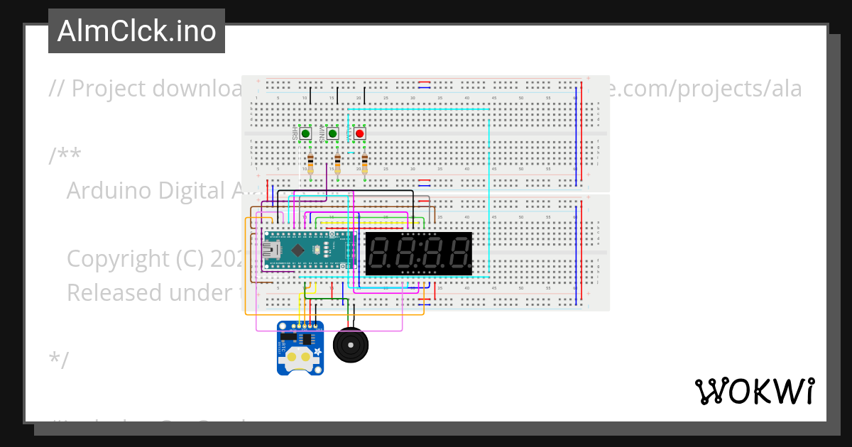 Digital Alarm Wall Clock With Nano (Breadboarded) - Wokwi ESP32, STM32, Arduino Simulator