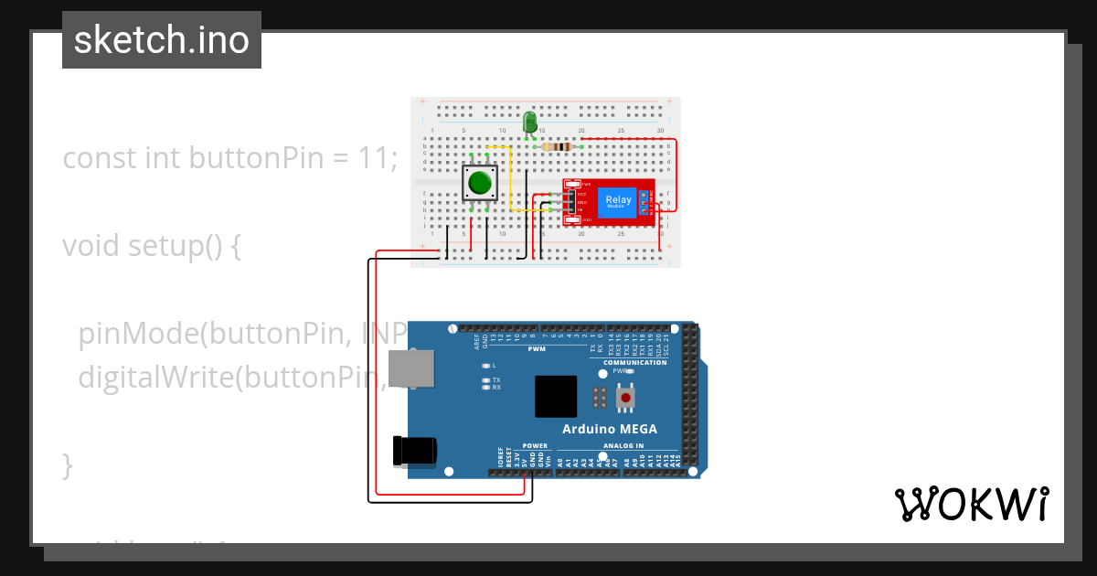 LED via Relay, Button - Wokwi ESP32, STM32, Arduino Simulator