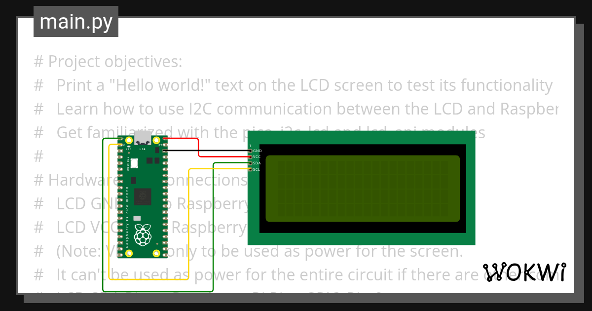 Raspberry Pi Pico LCD I2C Hello World Copy - Wokwi ESP32, STM32, Arduino Simulator