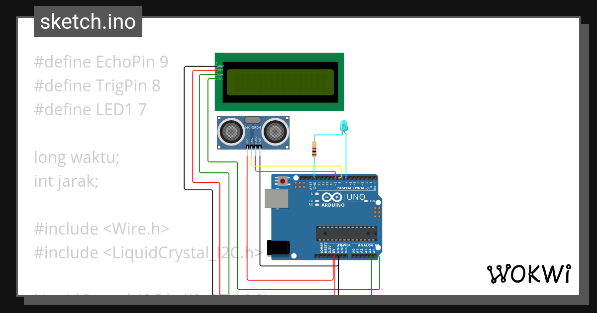 Latihan Sensor Jarak Ultrasonik, LCD, LED Copy - Wokwi ESP32, STM32 ... Latihan Sensor Jarak Ultrasonik, LCD, LED Copy - Wokwi ESP32, STM32 ...