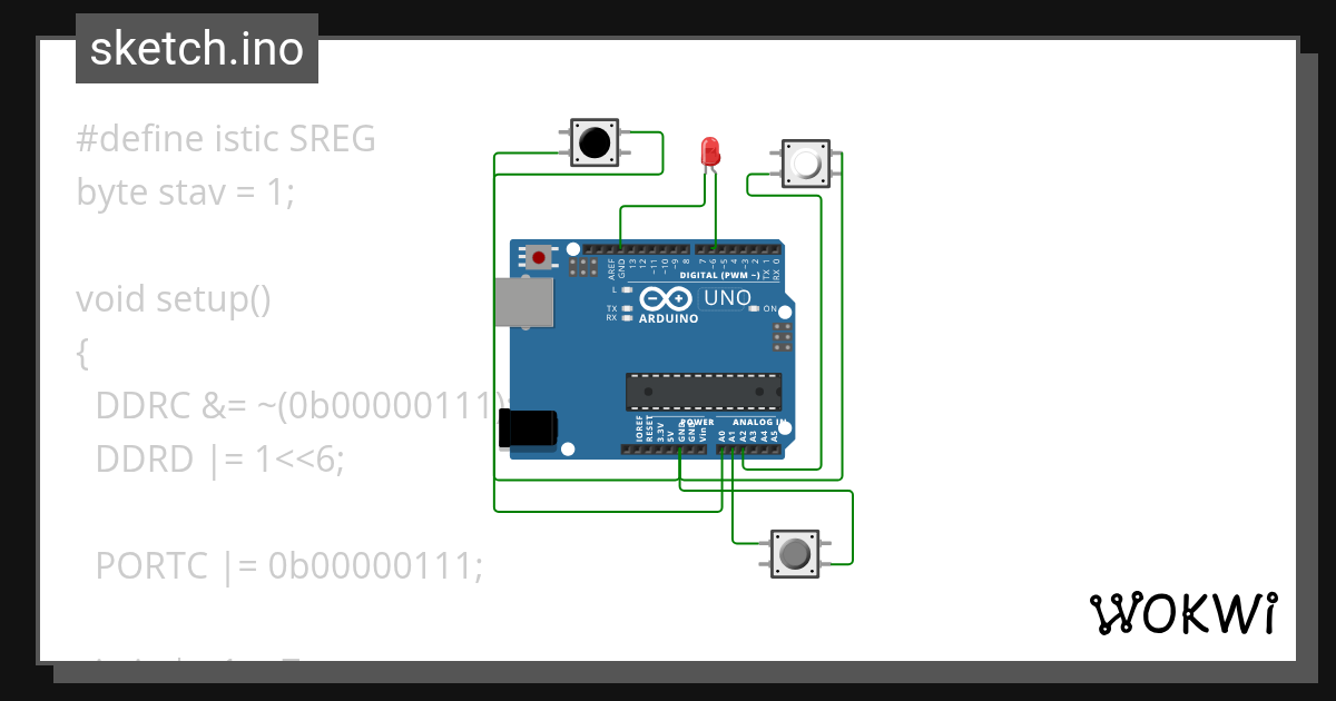 3 tlacitka pin change interrupt - Wokwi ESP32, STM32, Arduino Simulator