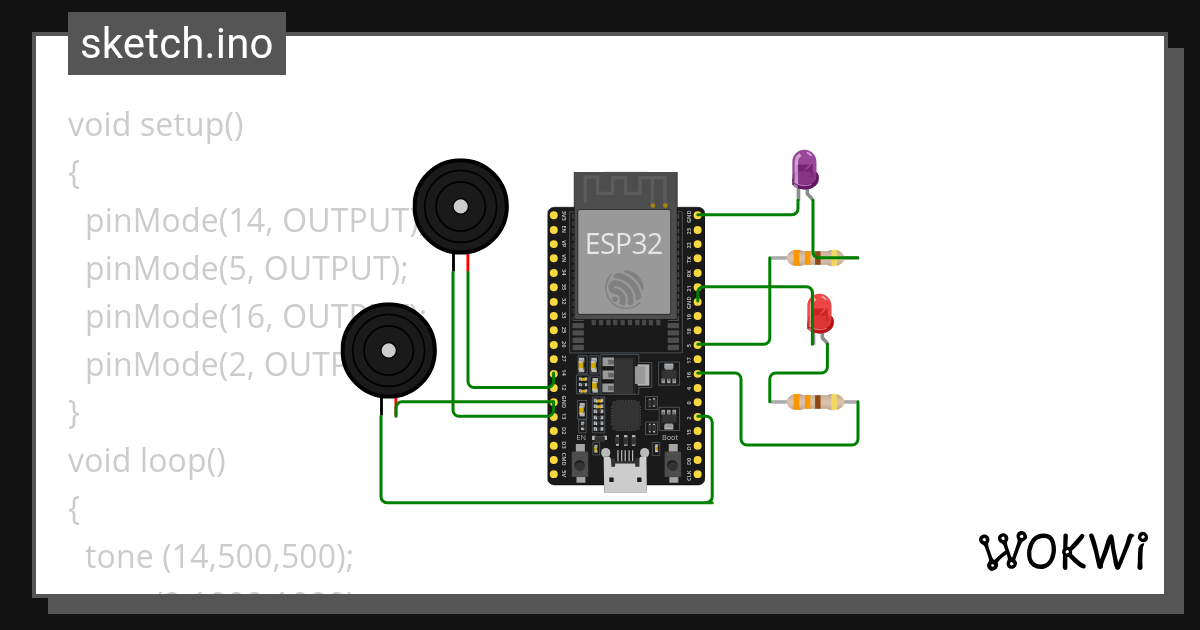buzzer with 2 led - Wokwi ESP32, STM32, Arduino Simulator