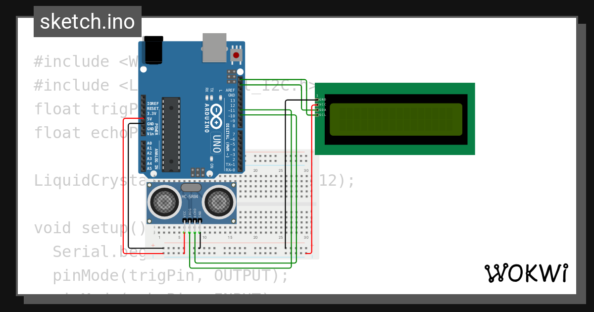 Arya Wiguna Sensor Jarak Hc Sr04 Dengan Modul Lcd 16x2 Wokwi Esp32 Stm32 Arduino Simulator