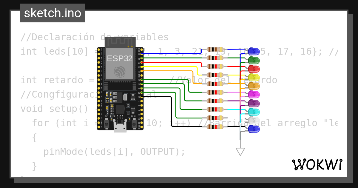 10 Leds Secuency Wokwi Esp32 Stm32 Arduino Simulator 0089