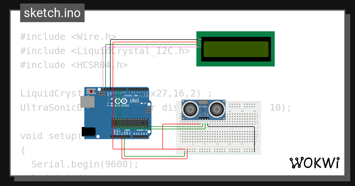 Sensor Jarak Hc Sr04 Dengan Modul Lcd 16x2 Wokwi Esp32 Stm32 Arduino Simulator