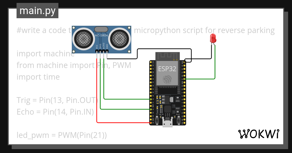 reverse parking sensor with Ultrasonic + LED - Wokwi ESP32, STM32, Arduino Simulator
