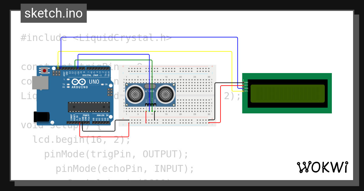 Sensor Jarak Hc Sr04 Dengan Modul Lcd 16x2 Wokwi Esp32 Stm32 Arduino Simulator