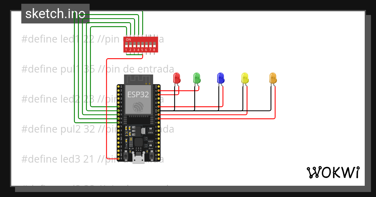 5 LED, Mas Switch - Wokwi ESP32, STM32, Arduino Simulator