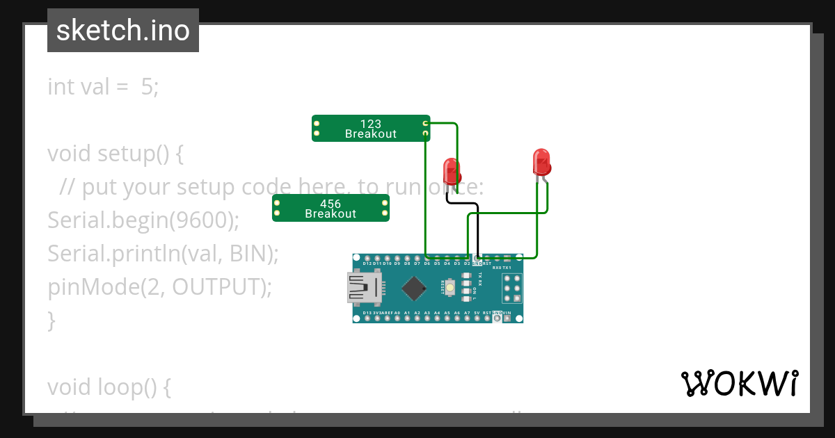 how to print numbers to make them binary with LED Copy - Wokwi ESP32, STM32, Arduino Simulator