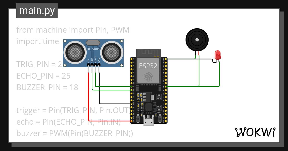 ultra s0nic] WITH BUZZER AND LED - Wokwi ESP32, STM32, Arduino Simulator