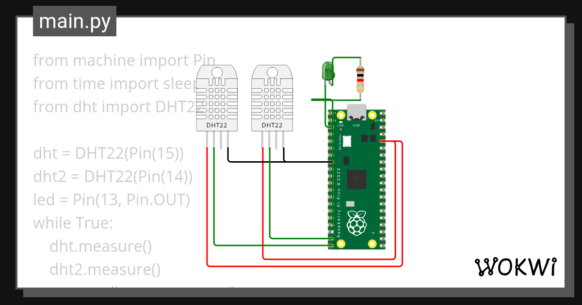 2 dht sensors and led measure temp and humo cal avg temp, if avg is less than 30- blink green ...