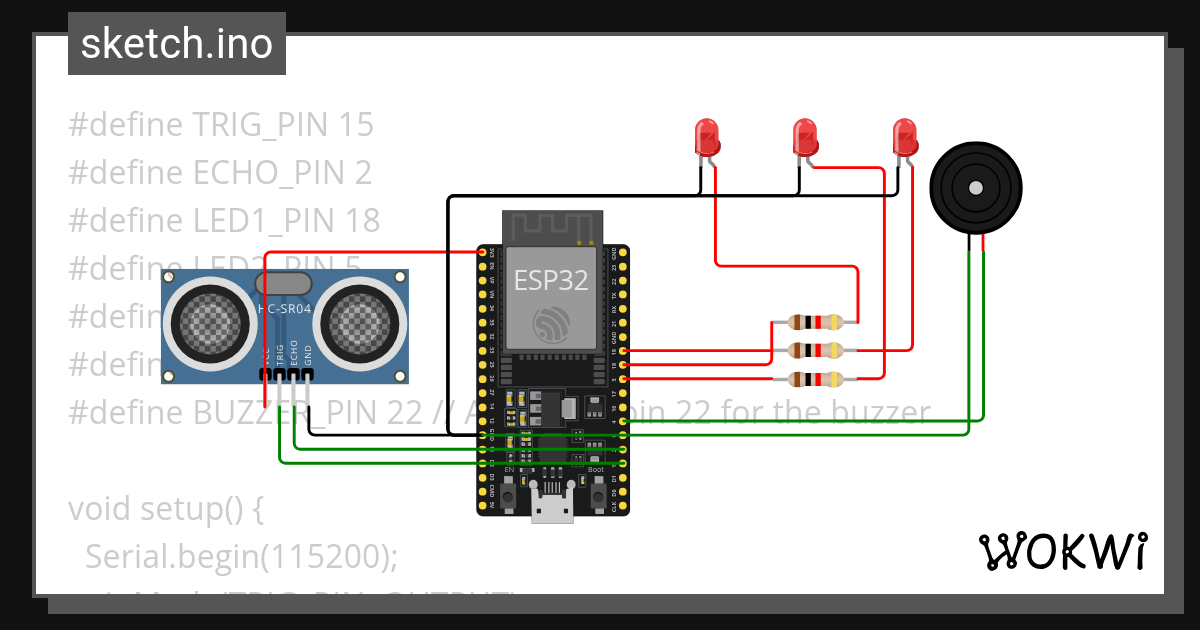 Jarak - Indikator 4 LED - Wokwi ESP32, STM32, Arduino Simulator
