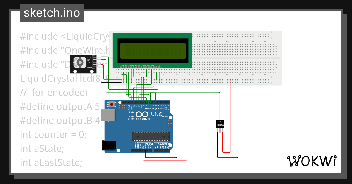 Encoder_LCD_DS18B20 - Wokwi ESP32, STM32, Arduino Simulator