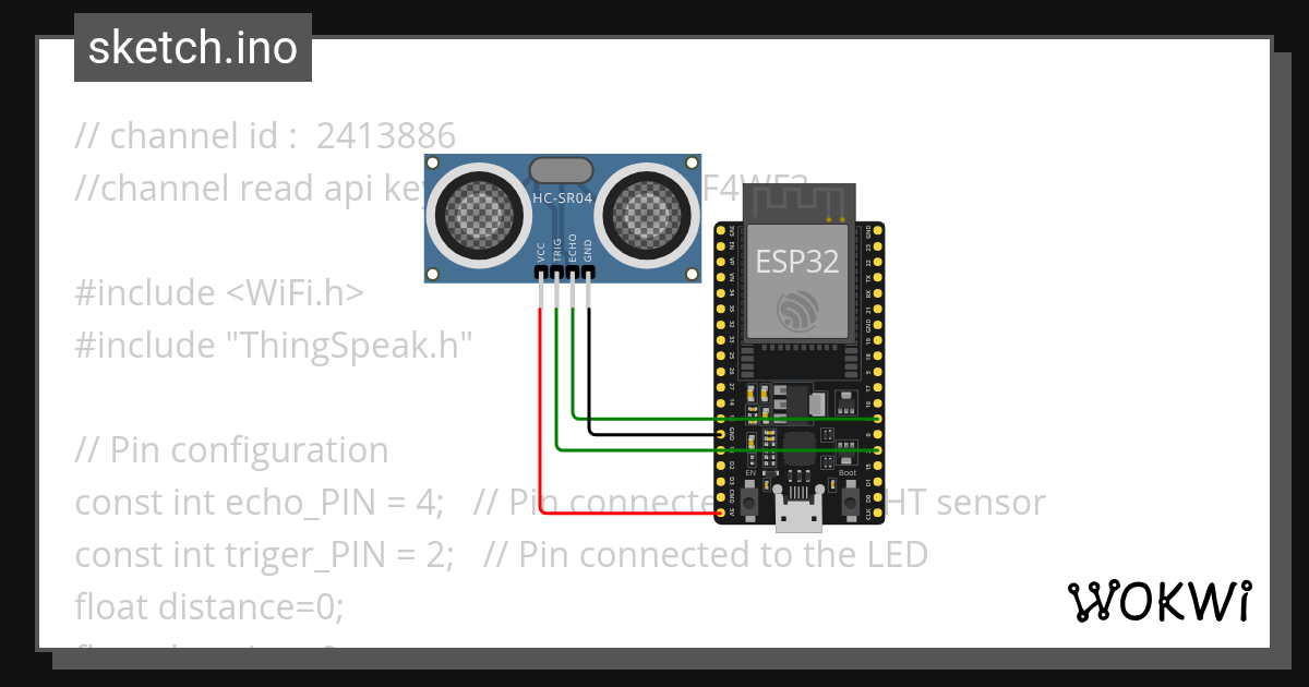 Ultrasonic Sensor with Thingspeaks Copy (5) - Wokwi ESP32, STM32, Arduino Simulator
