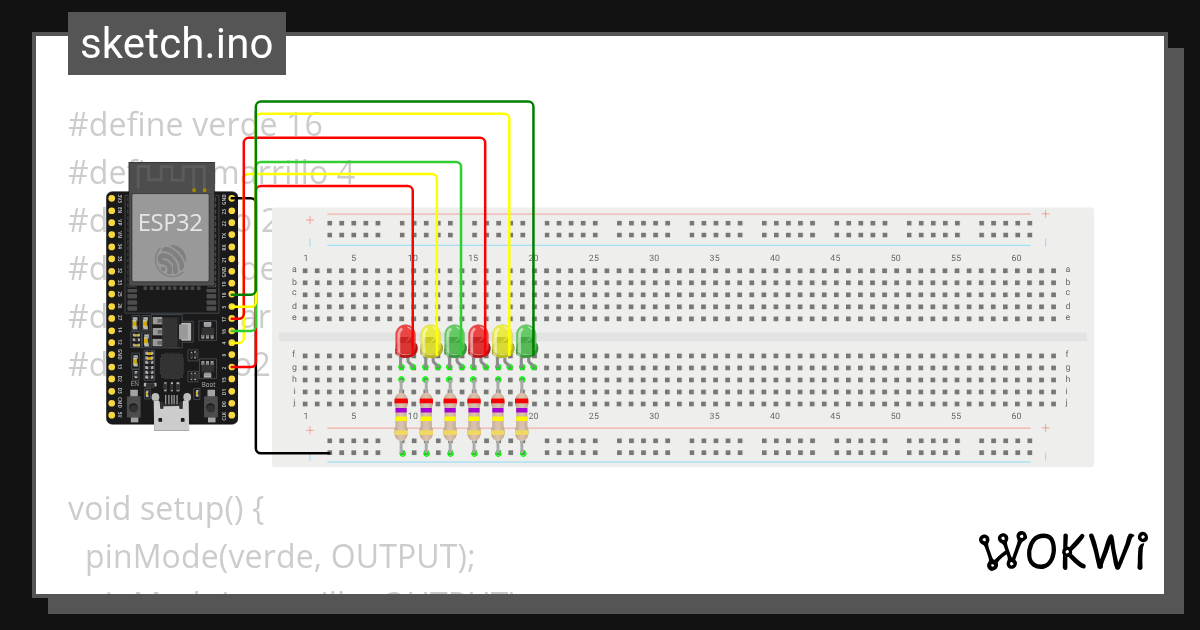 simulación semáforo 6 luces - Wokwi ESP32, STM32, Arduino Simulator