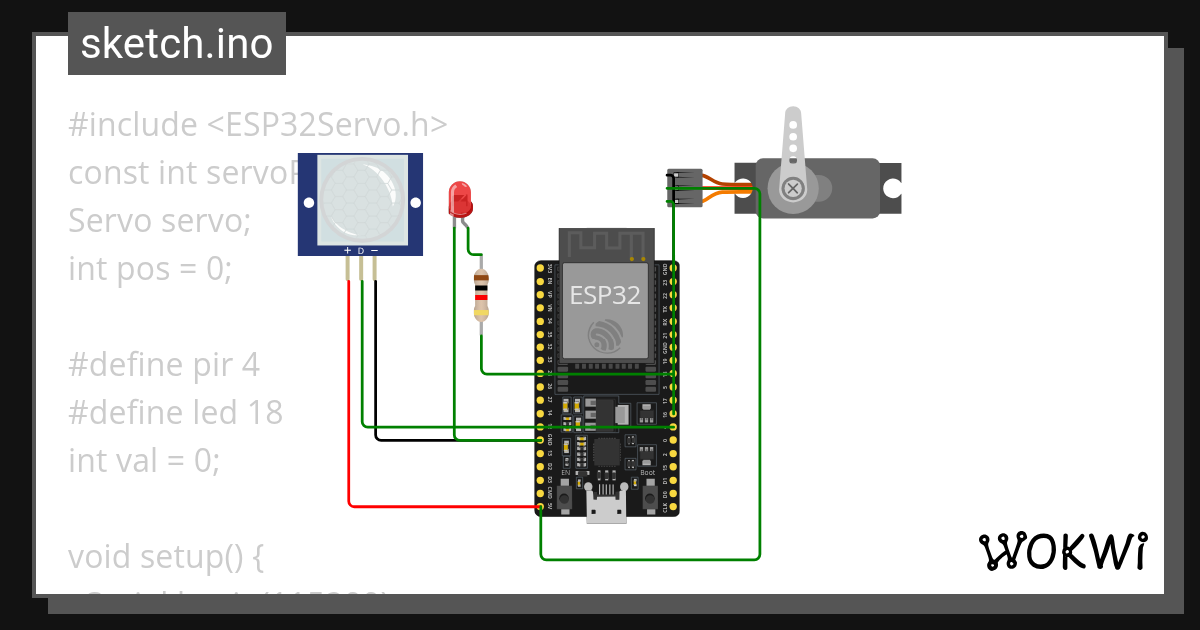 PIR and servo - Wokwi ESP32, STM32, Arduino Simulator