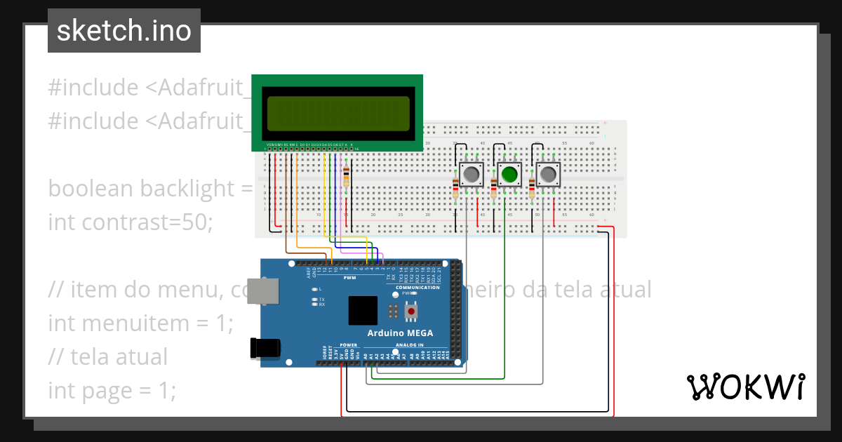 menu no lcd (cod com Adafruit), .ino - Wokwi ESP32, STM32, Arduino Simulator