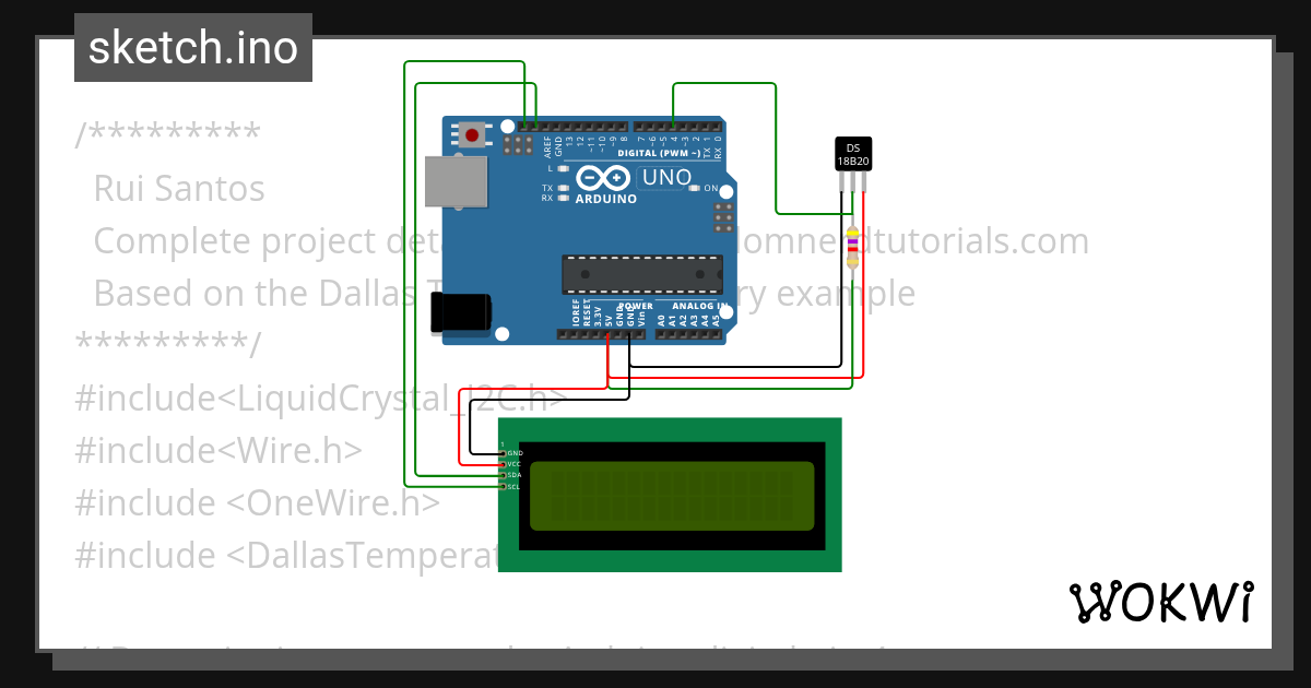 18B20 Temperature Sensor with LCD - Wokwi ESP32, STM32, Arduino Simulator