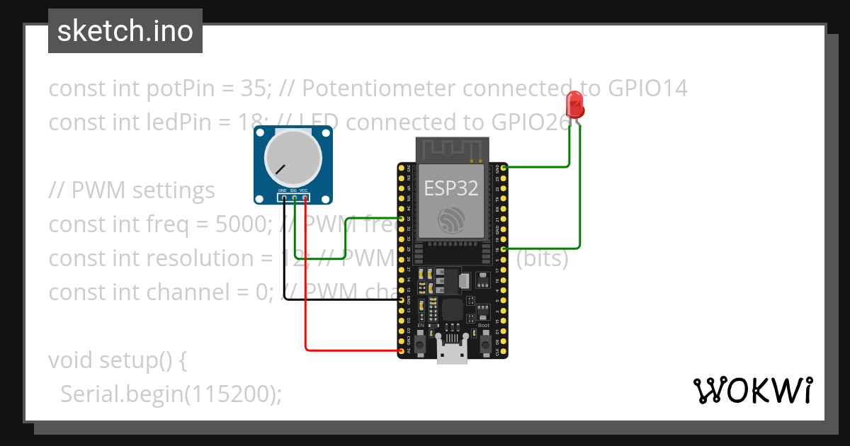 Brillo del led esp32 con potenciometro - Wokwi ESP32, STM32, Arduino Simulator