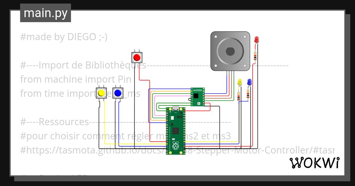 Raspberry Pi Pico - 1 A4988-3 LED_3 BUTTONS Copy - Wokwi ESP32, STM32, Arduino Simulator