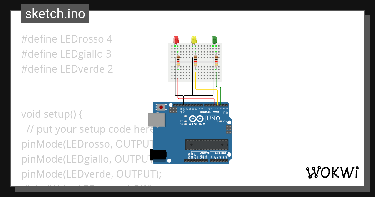 Accensione intermittente di 3 luci LED - Wokwi ESP32, STM32, Arduino Simulator