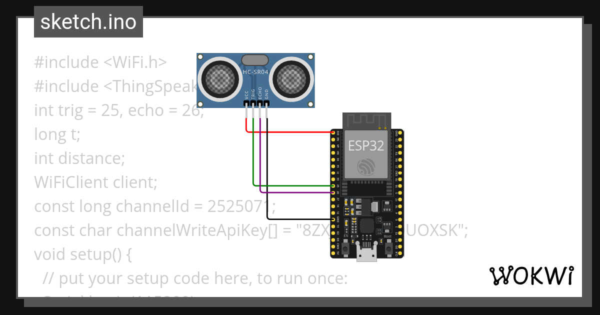 ESP32+Ultrasonic+ThingSpeak - Wokwi ESP32, STM32, Arduino Simulator