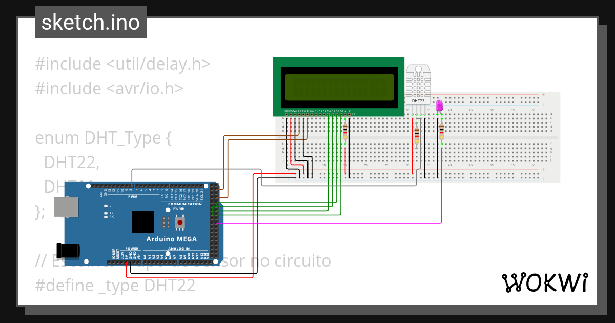 C, LCD + Sensor + LED, DHT11 e DHT22 - Wokwi ESP32, STM32, Arduino Simulator