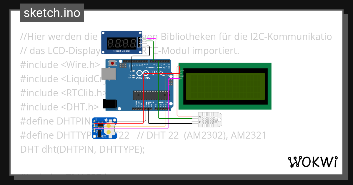 Arduino Uno RTC + I2C-LCD 4x20 + DHT22 + 4xSSD - Wokwi ESP32, STM32, Arduino Simulator
