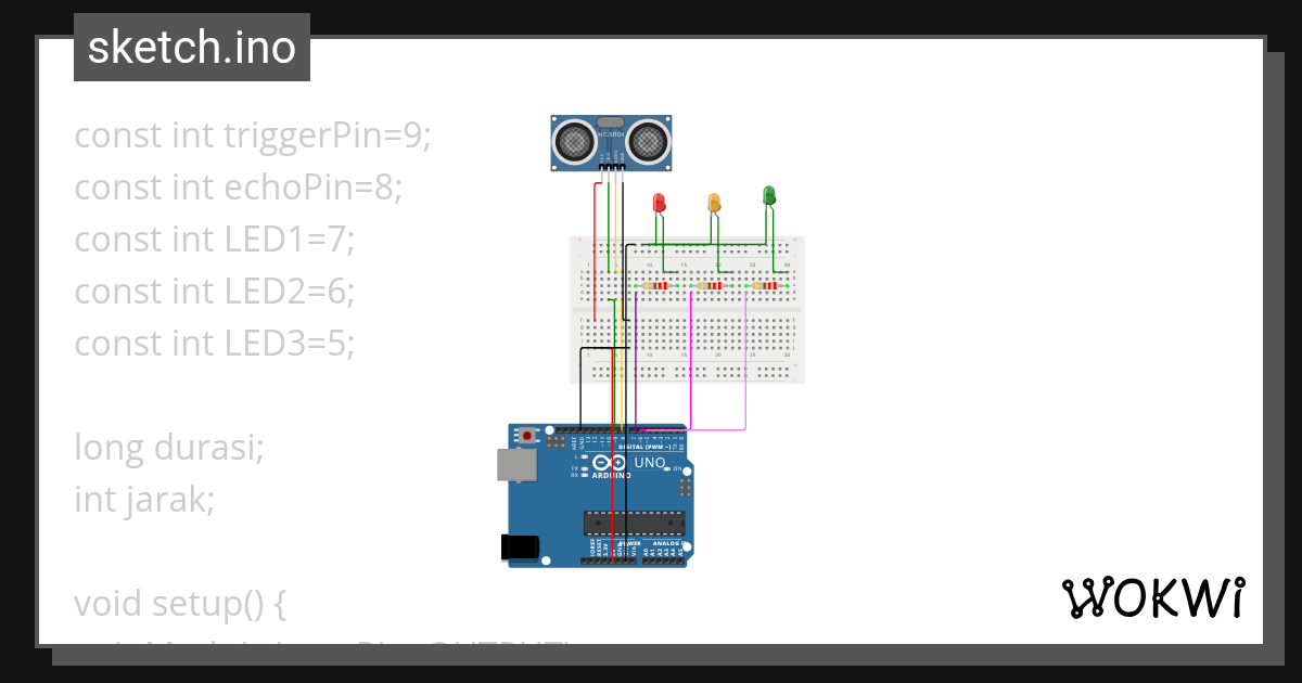 3 LED ultrasonik - Wokwi ESP32, STM32, Arduino Simulator