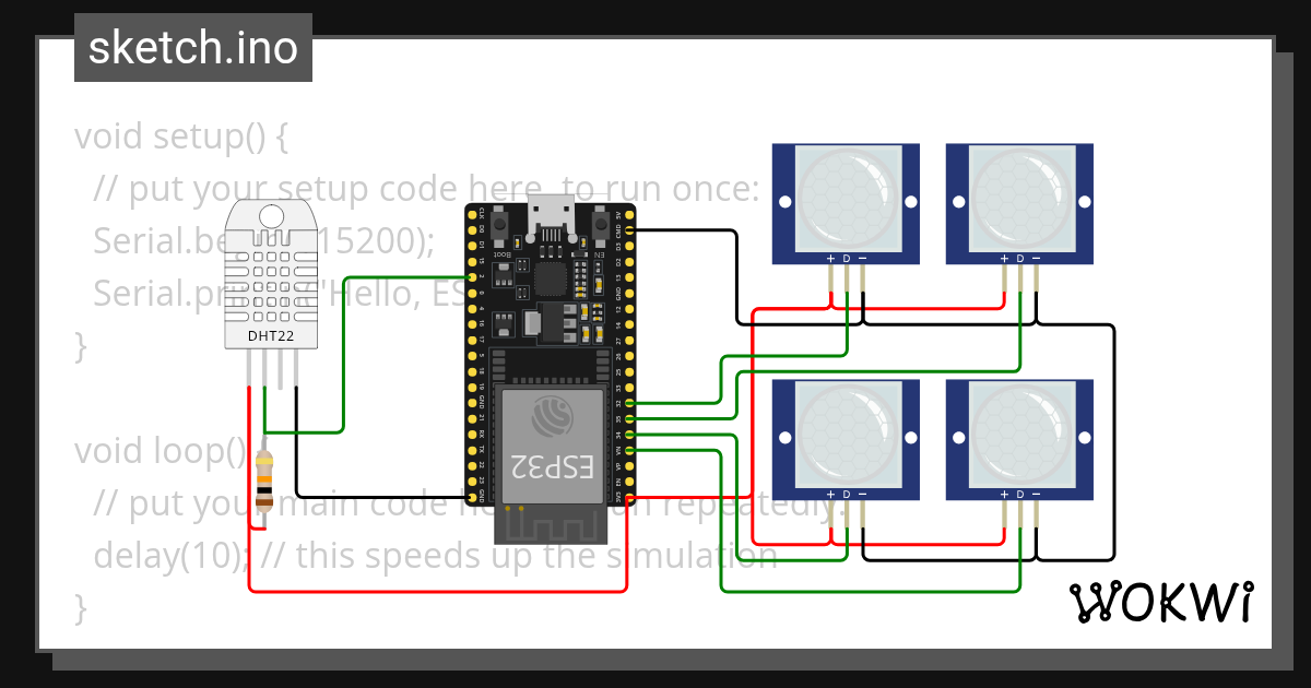 4-PIR + DHT22 - Wokwi ESP32, STM32, Arduino Simulator