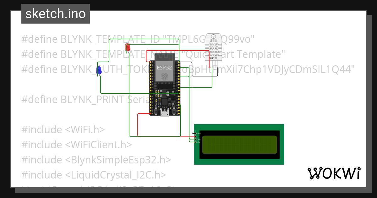 Monitoring suhu Blynk dengan lcd dan led - Wokwi ESP32, STM32, Arduino Simulator