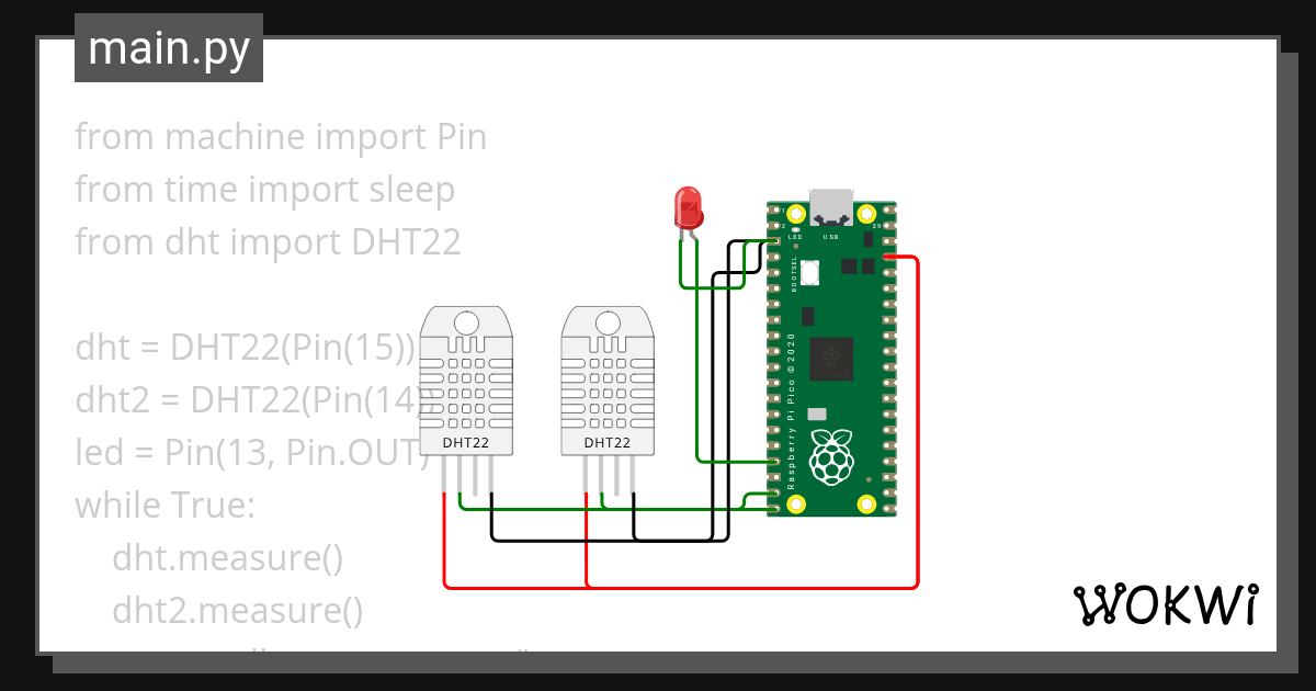 2 DHT22 , 1 LED - Wokwi ESP32, STM32, Arduino Simulator