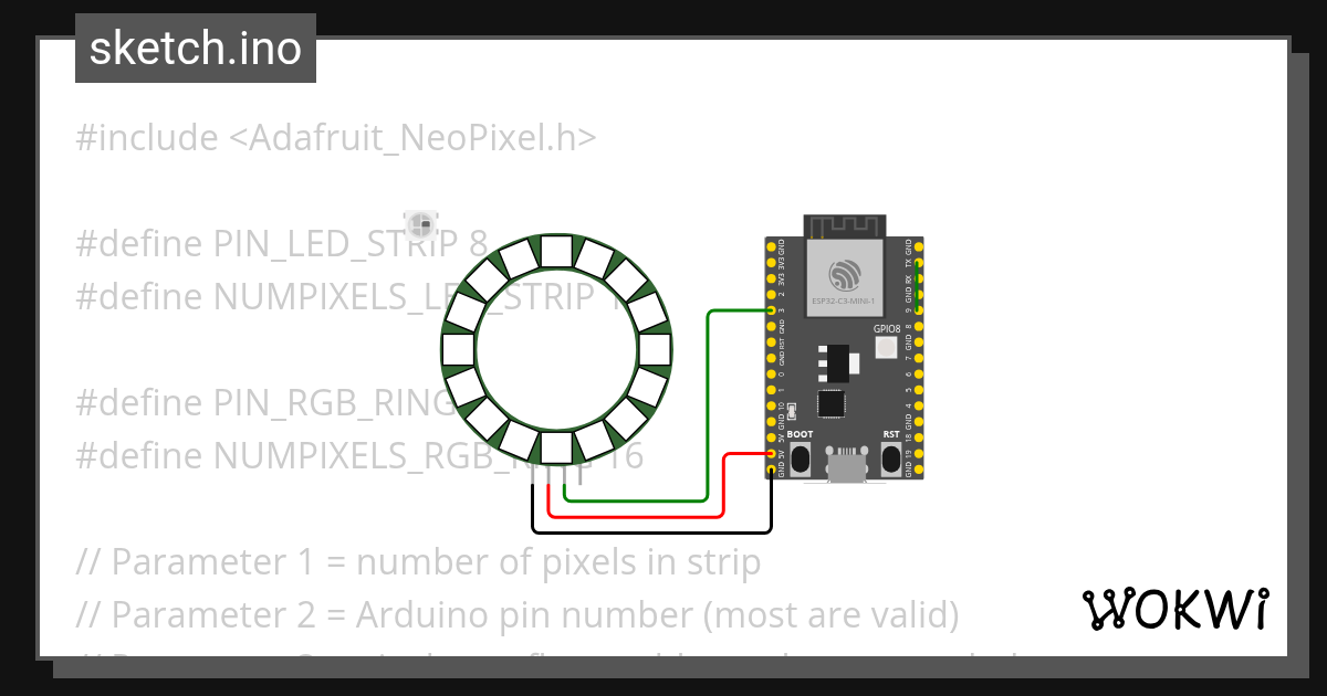 esp32 mini C3 BUILT IN RGB and neopixel ring - Wokwi ESP32, STM32, Arduino Simulator